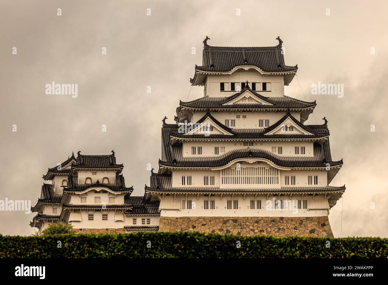 himeji castle front view looking upwards at the white facade and ...