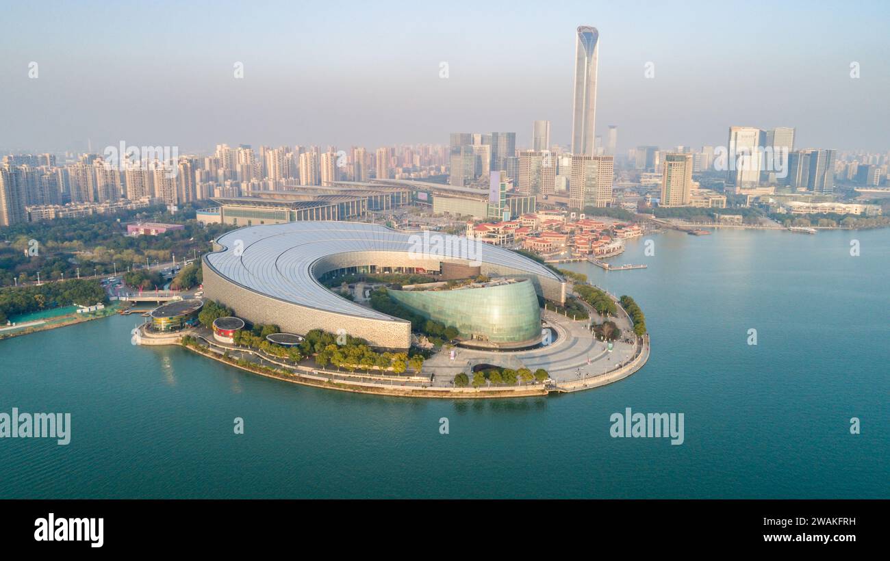 Suzhou, China - March 10, 2018: Aerial cityscape Culture and Art center ...