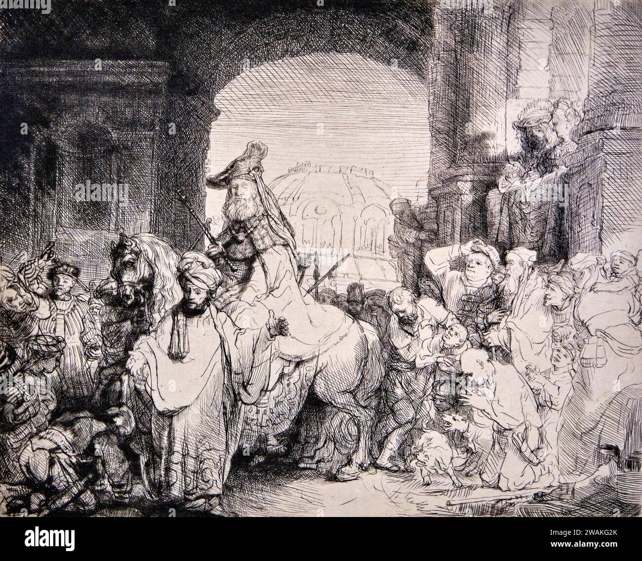 Rembrandt etching exhibition, The Triumph of Mordecai, 1641 Stock Photo ...