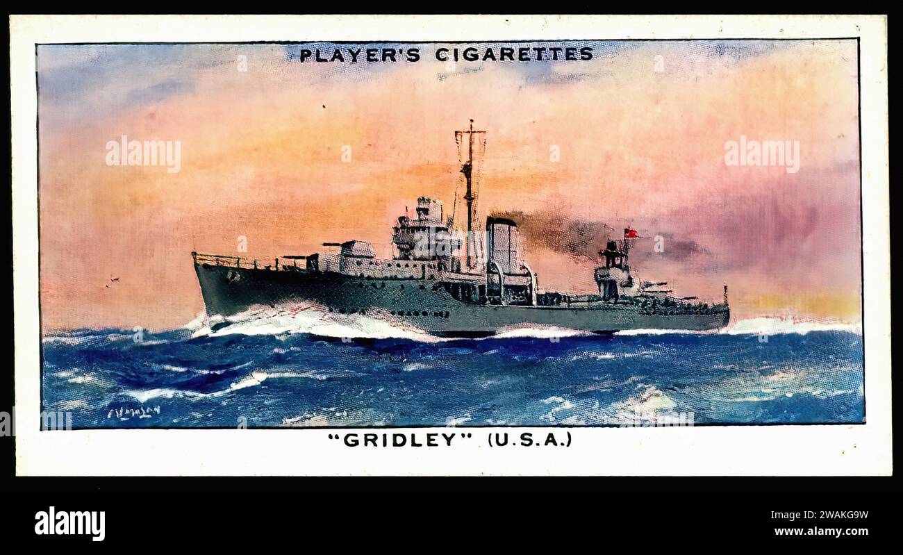 Destroyer, USS Gridley - Vintage Cigarette Card Illustration Stock ...