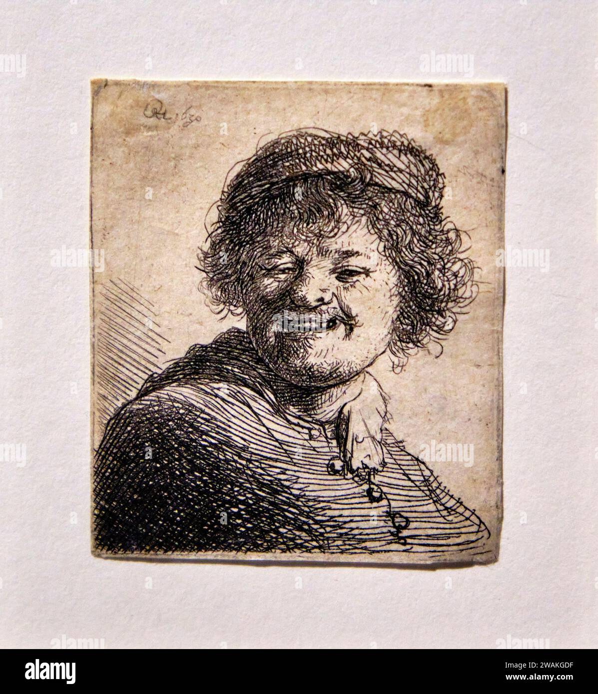 Rembrandt etching exhibition, Rembrandt Laughing, 1630 Stock Photo - Alamy