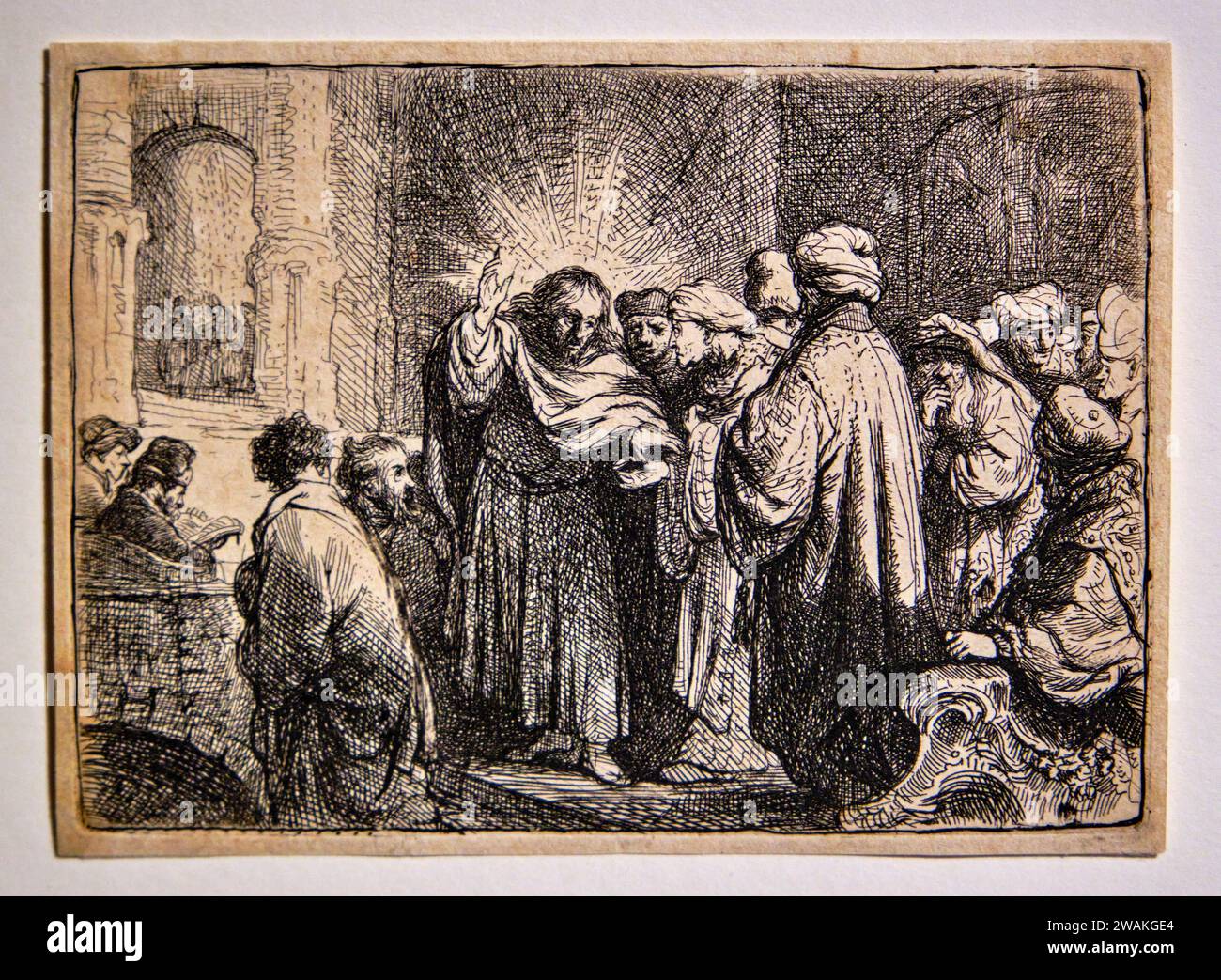 Rembrandt etching exhibition, The tribute, 1635 Stock Photo - Alamy