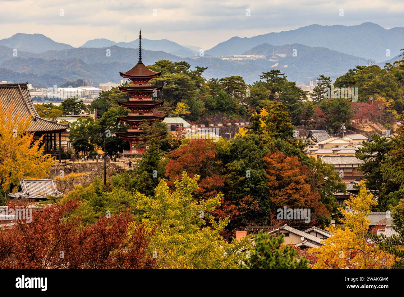 view from hillside of miyajima island of itsukushima shrine and five ...