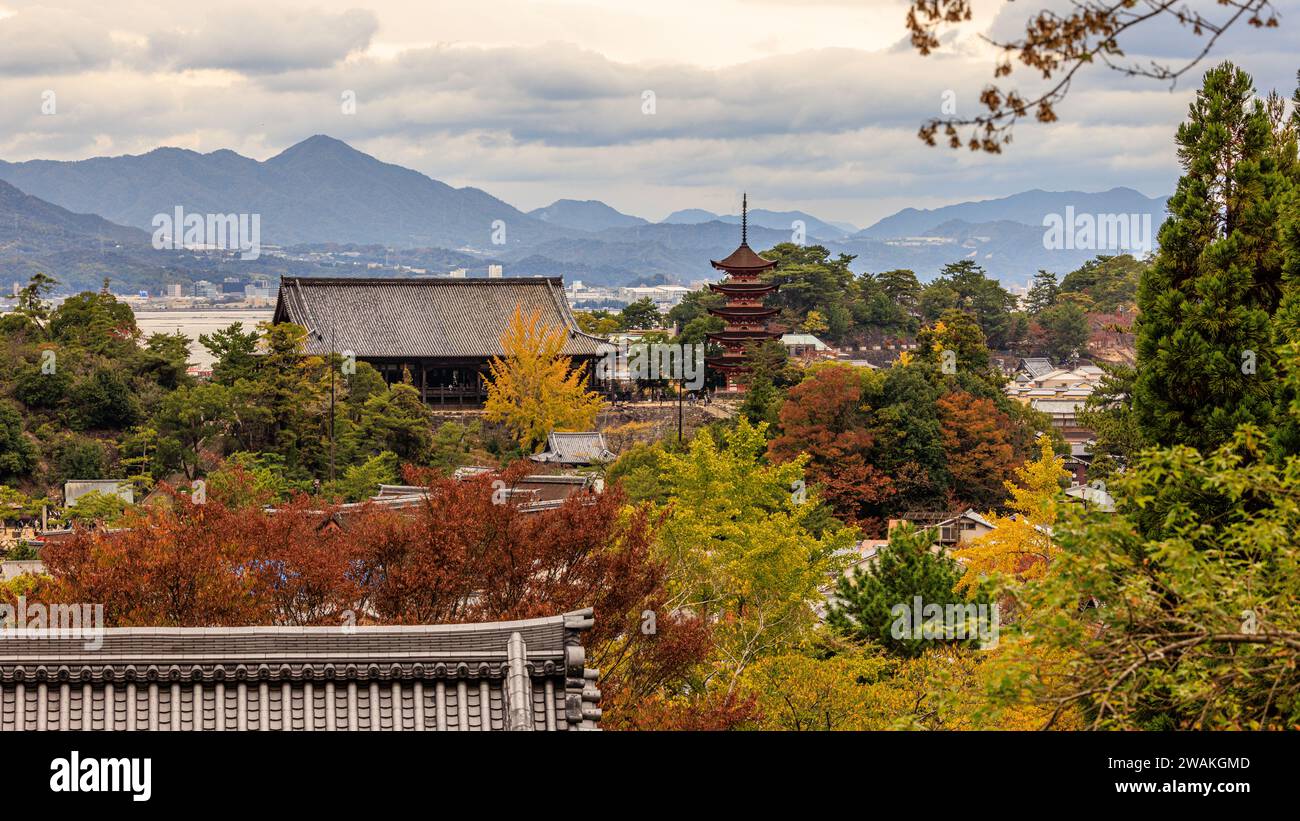 view from hillside of miyajima island of itsukushima shrine and five ...