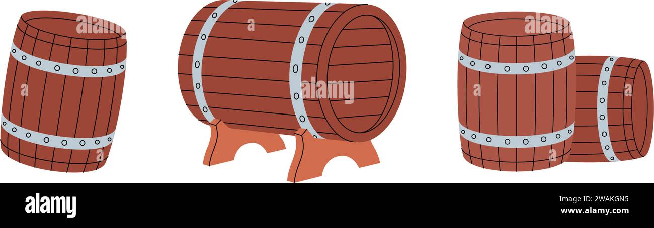 Old wooden barrels. Beer pub products. Brewing process, brewery factory ...