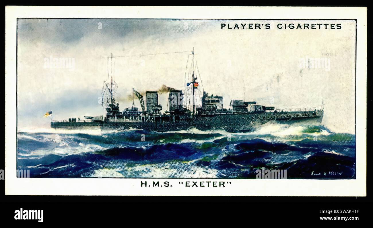 HMS Exeter - Vintage Cigarette Card Illustration Stock Photo - Alamy