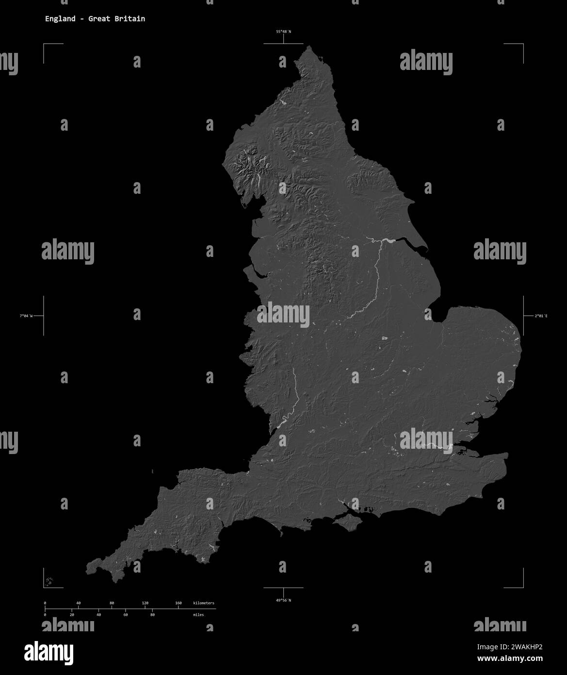 Shape of a Bilevel elevation map with lakes and rivers of the England ...