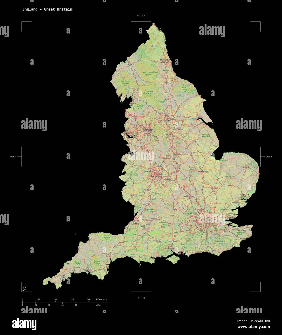 Shape of a topographic, OSM standard style map of the England - Great ...