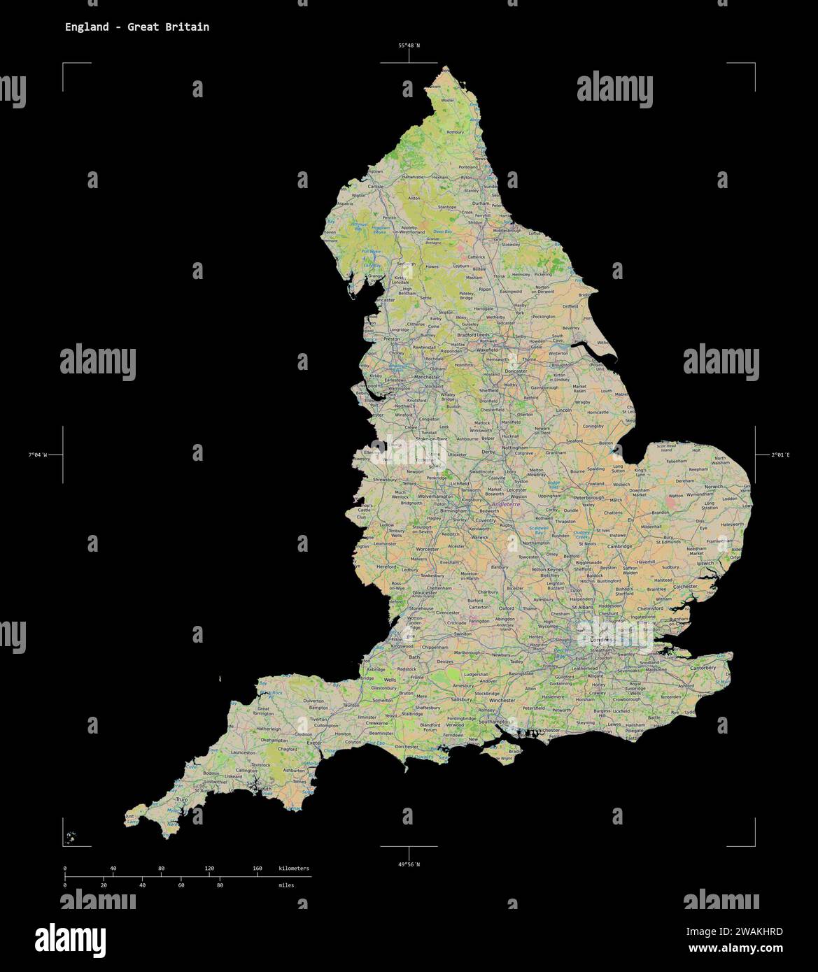 Shape of a topographic, OSM France style map of the England - Great ...