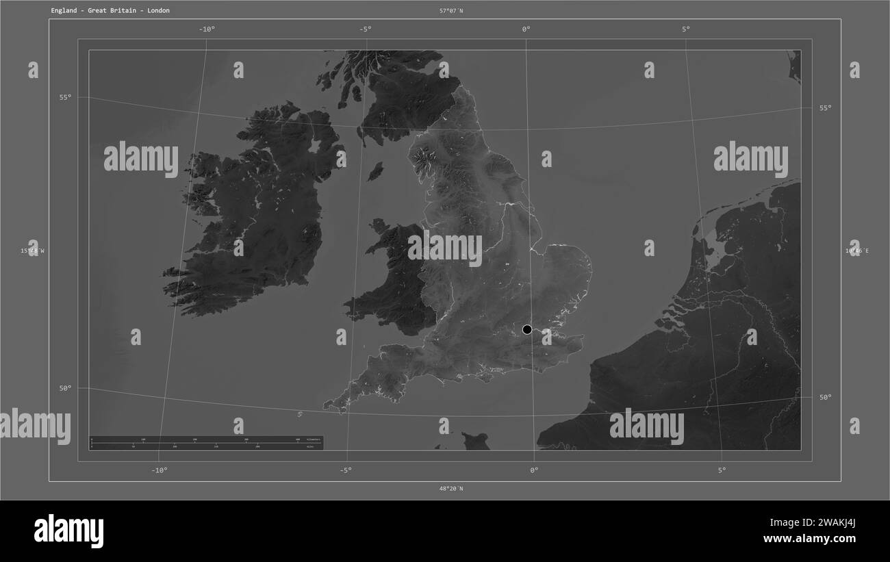 England - Great Britain highlighted on a Grayscale elevation map with ...