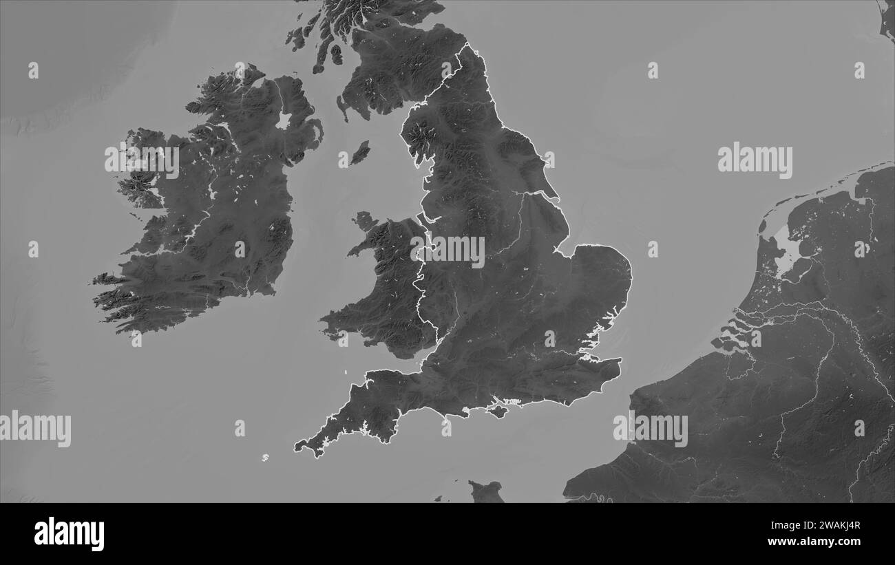 England - Great Britain outlined on a Grayscale elevation map with ...