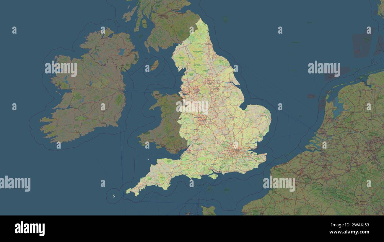 England - Great Britain highlighted on a topographic, OSM standard ...