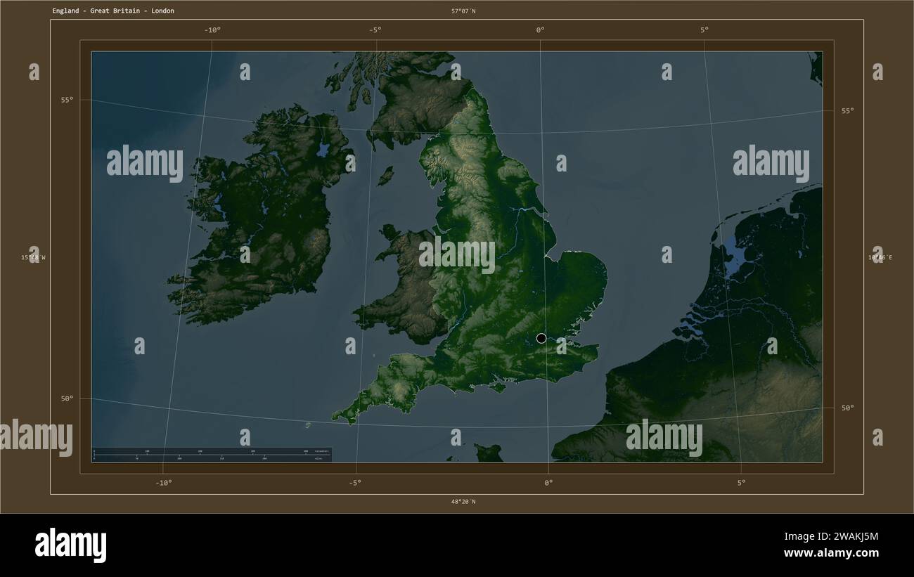 England - Great Britain highlighted on a Colored elevation map with ...