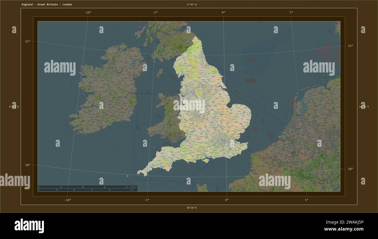 England - Great Britain highlighted on a topographic, OSM France style ...