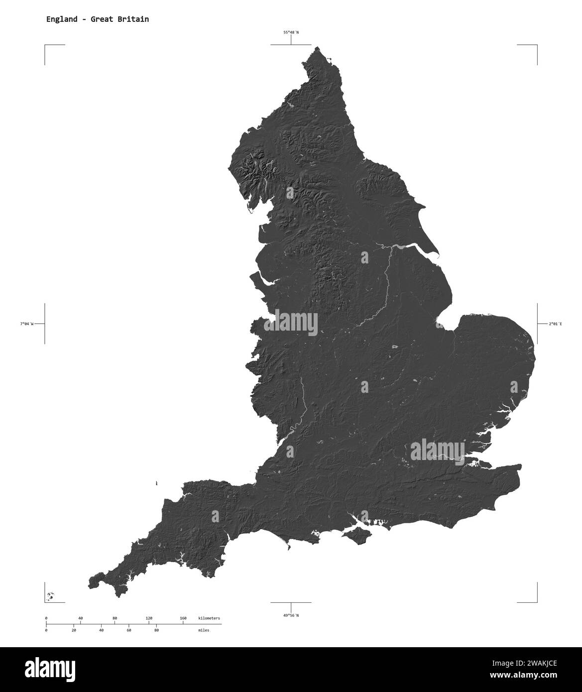 Shape of a Bilevel elevation map with lakes and rivers of the England ...