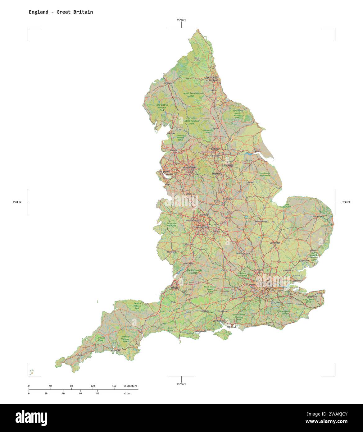 Shape of a topographic, OSM standard style map of the England - Great ...