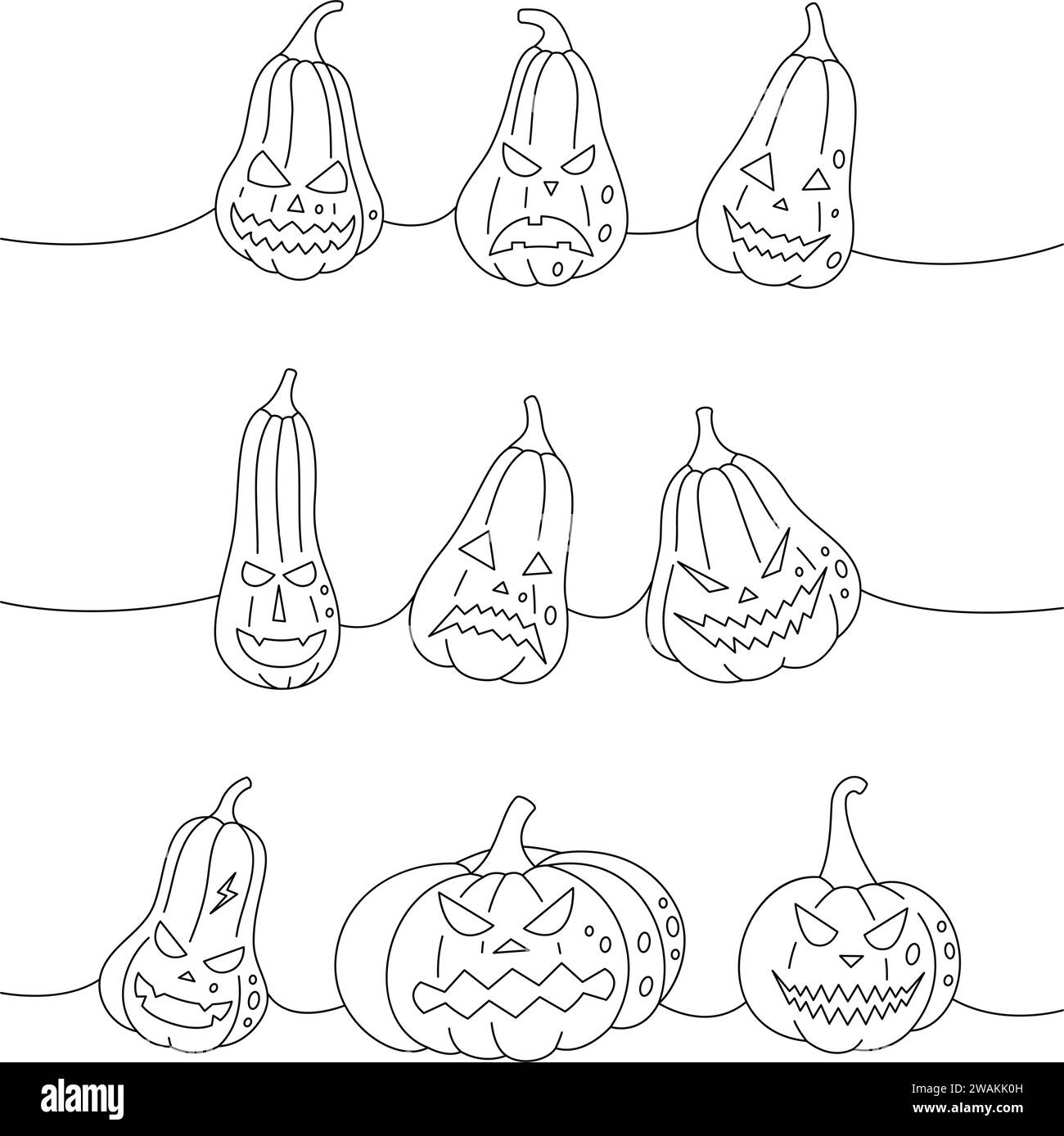 Halloween pumpkins faces. Set of pumpkins scary faces one line ...