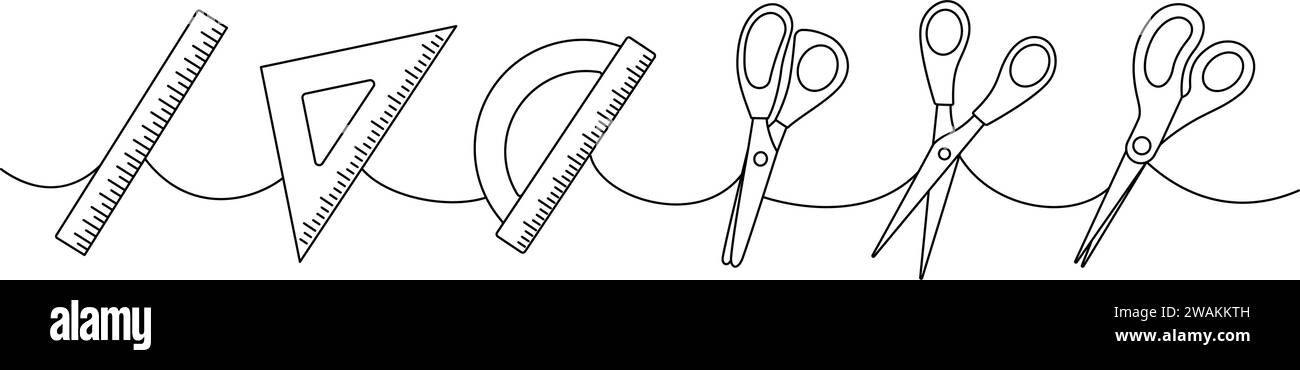 Set of school supplies. Back to school one line continuous drawing ...