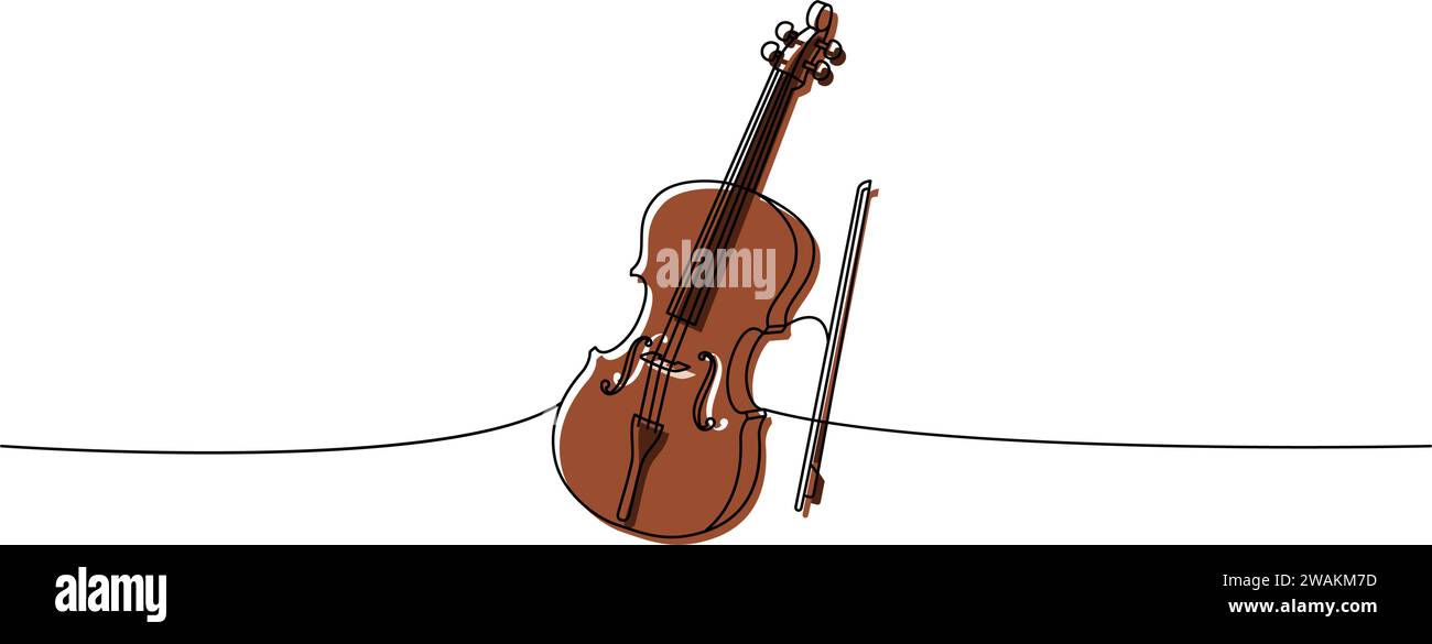 Violin, string instrument one line colored continuous drawing. Musical ...