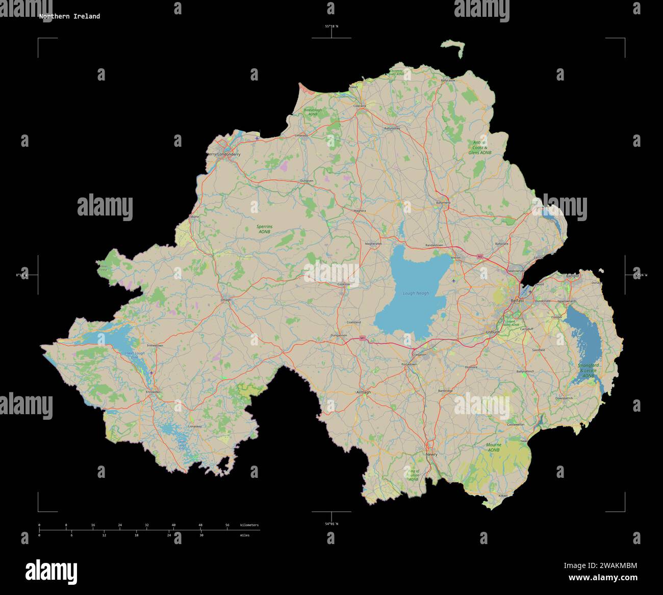 Shape of a topographic, OSM standard style map of the Northern Ireland, with distance scale and ...