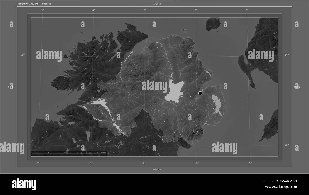 Northern Ireland highlighted on a Grayscale elevation map with lakes ...
