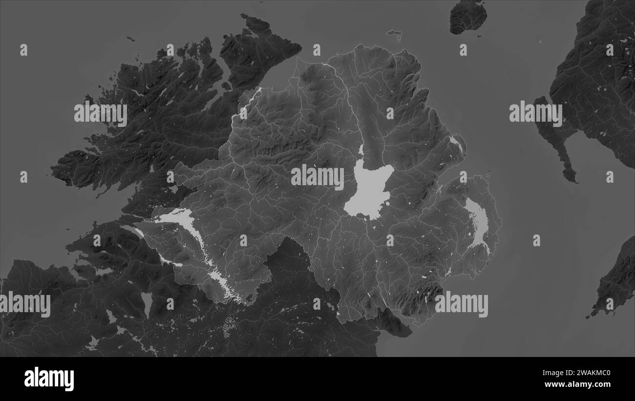 Northern Ireland highlighted on a Grayscale elevation map with lakes ...