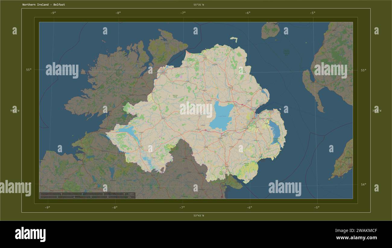 Northern Ireland highlighted on a topographic, OSM standard style map map with the country's ...