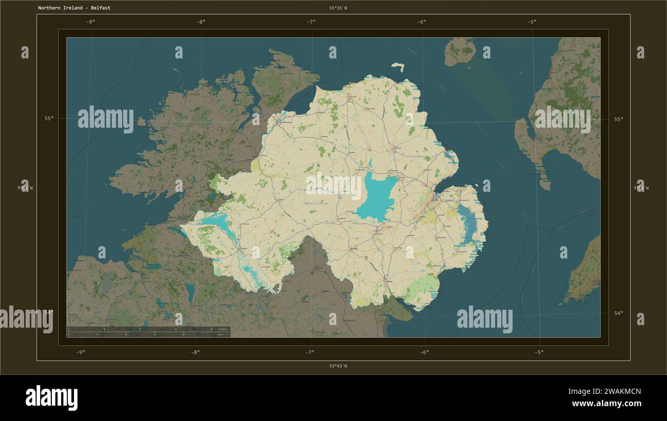 Northern Ireland highlighted on a topographic, OSM Humanitarian style ...