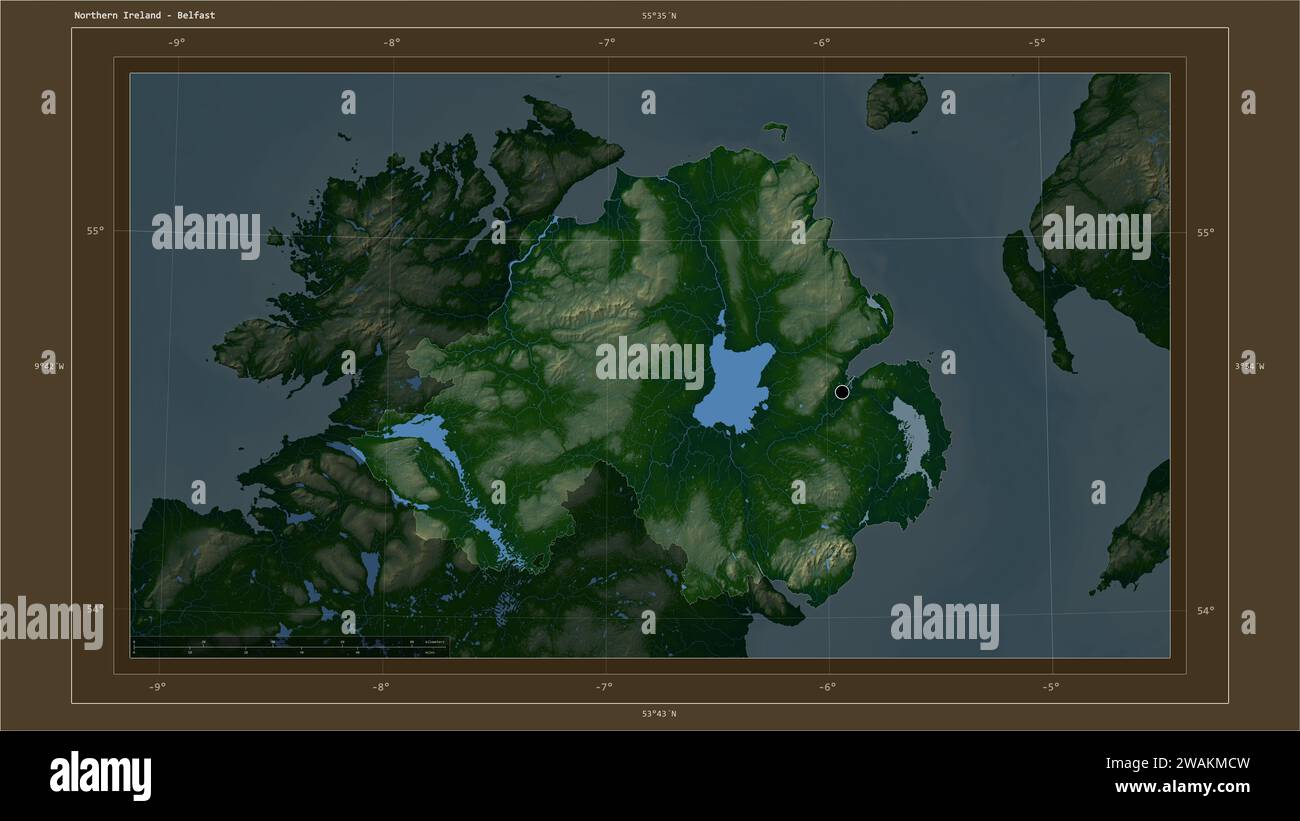 Northern Ireland highlighted on a Colored elevation map with lakes and ...