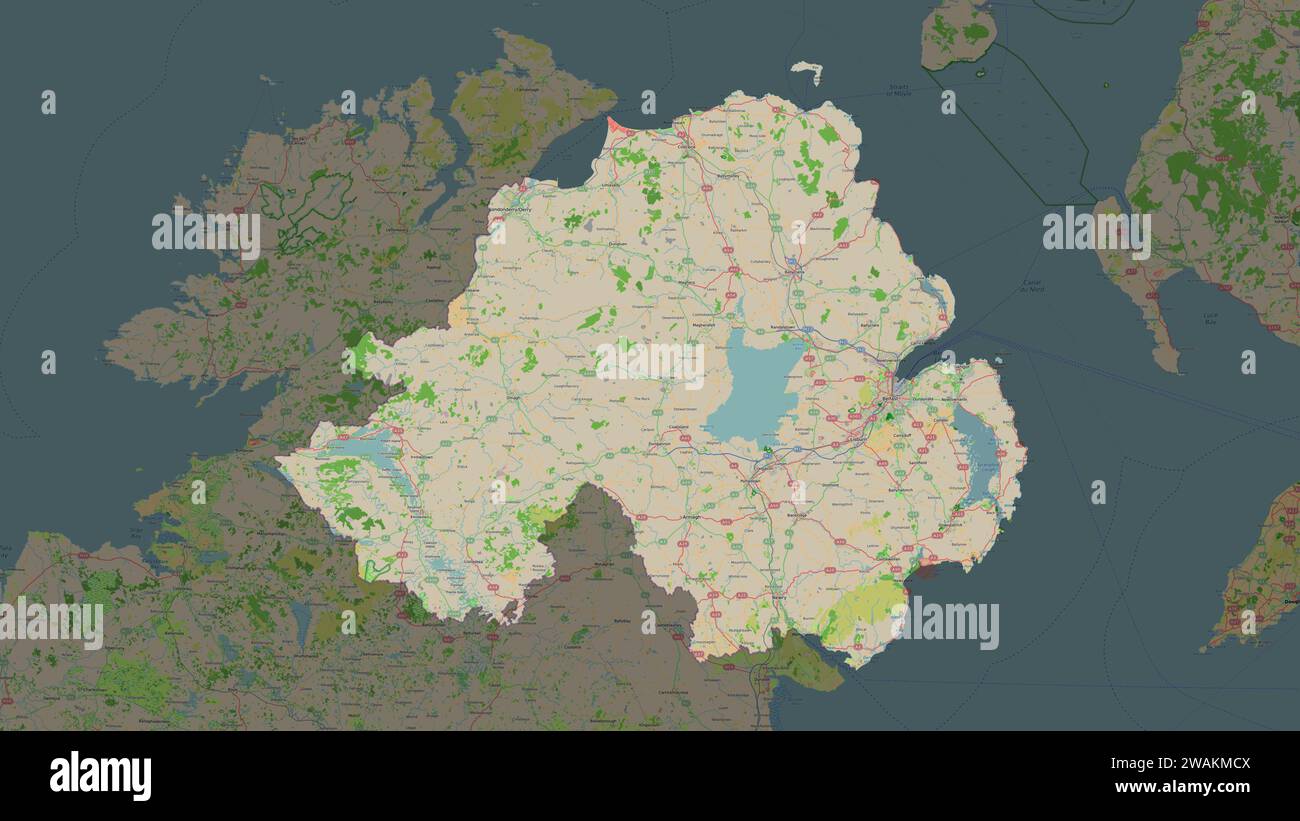 Northern Ireland highlighted on a topographic, OSM France style map ...