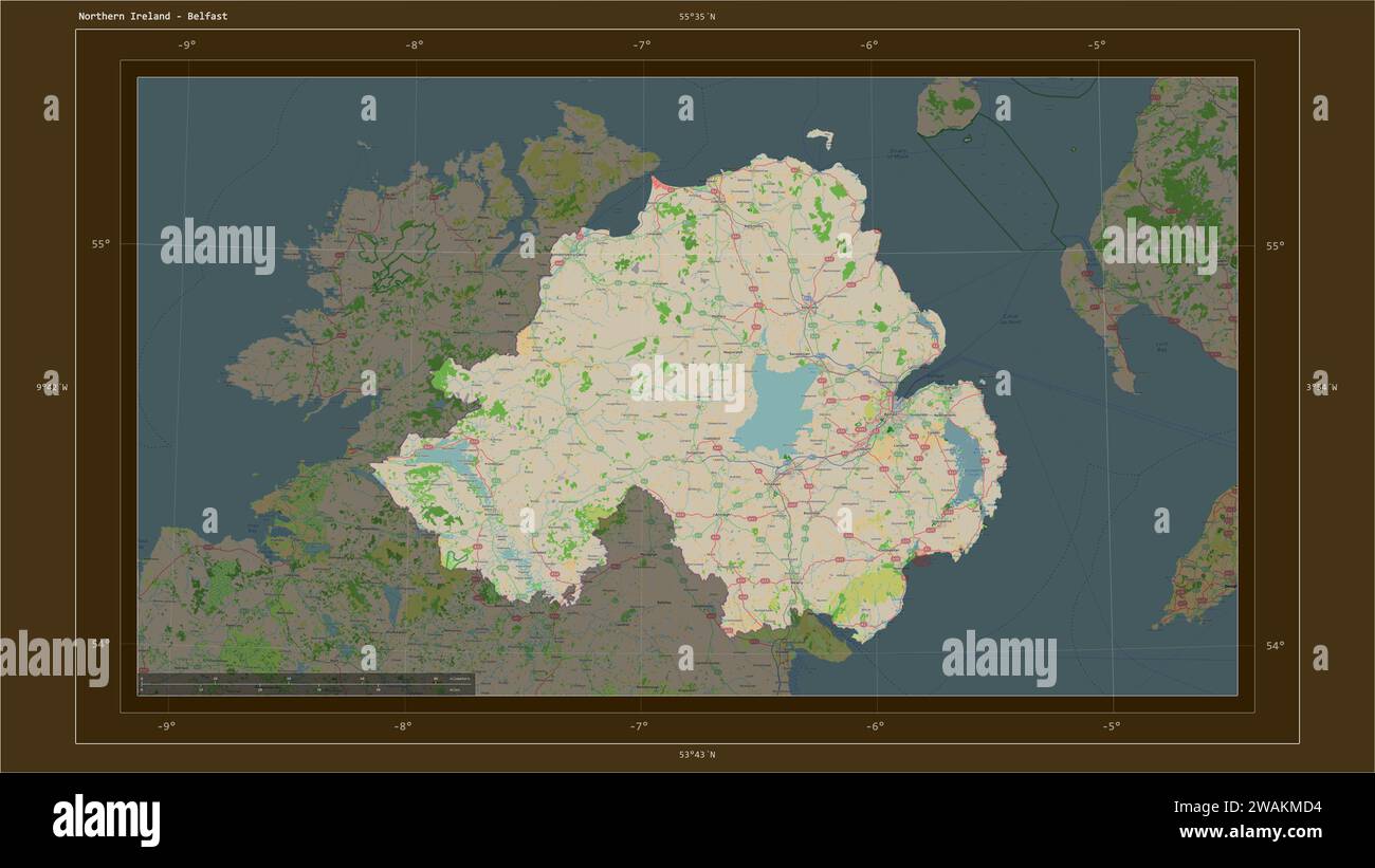 Northern Ireland highlighted on a topographic, OSM France style map map ...