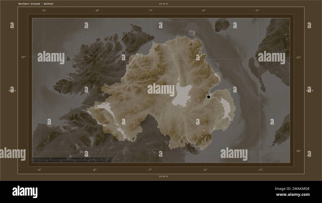 Northern Ireland highlighted on a elevation map colored in sepia tones ...