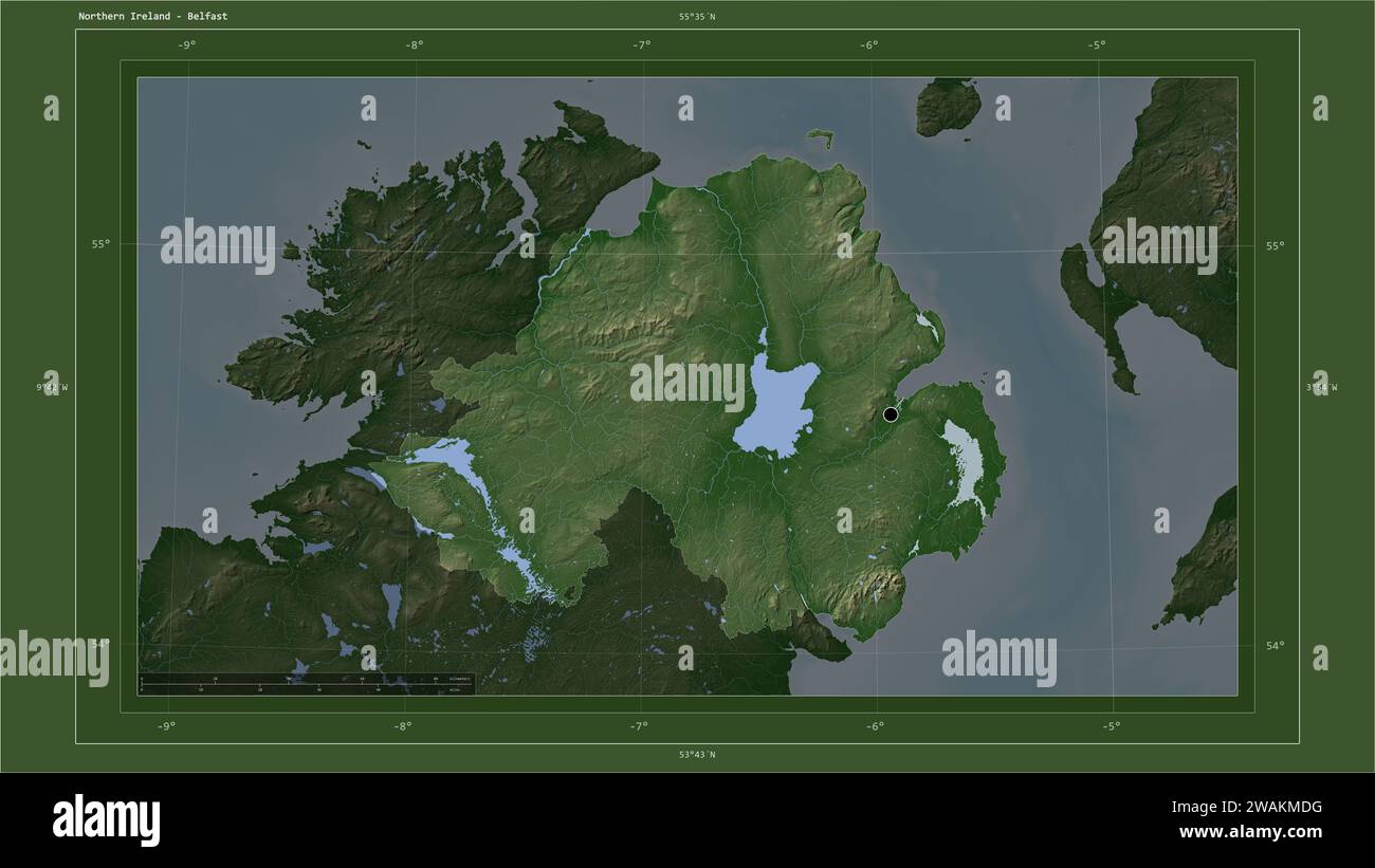 Northern Ireland highlighted on a Pale colored elevation map with lakes ...
