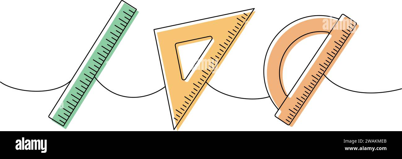 Set of school supplies. Back to school one line drawing. Ruler scale ...