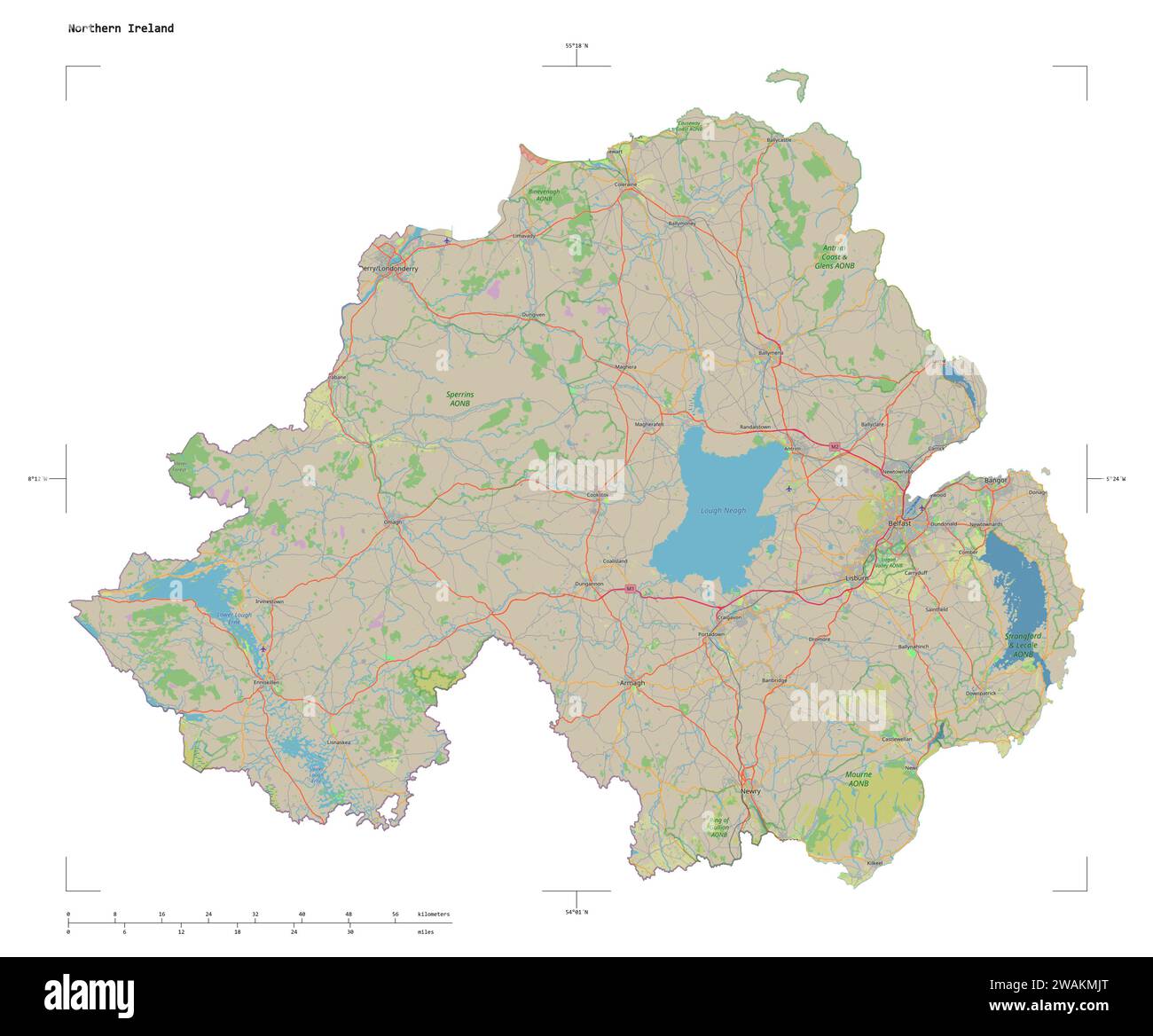 Shape of a topographic, OSM standard style map of the Northern Ireland, with distance scale and ...
