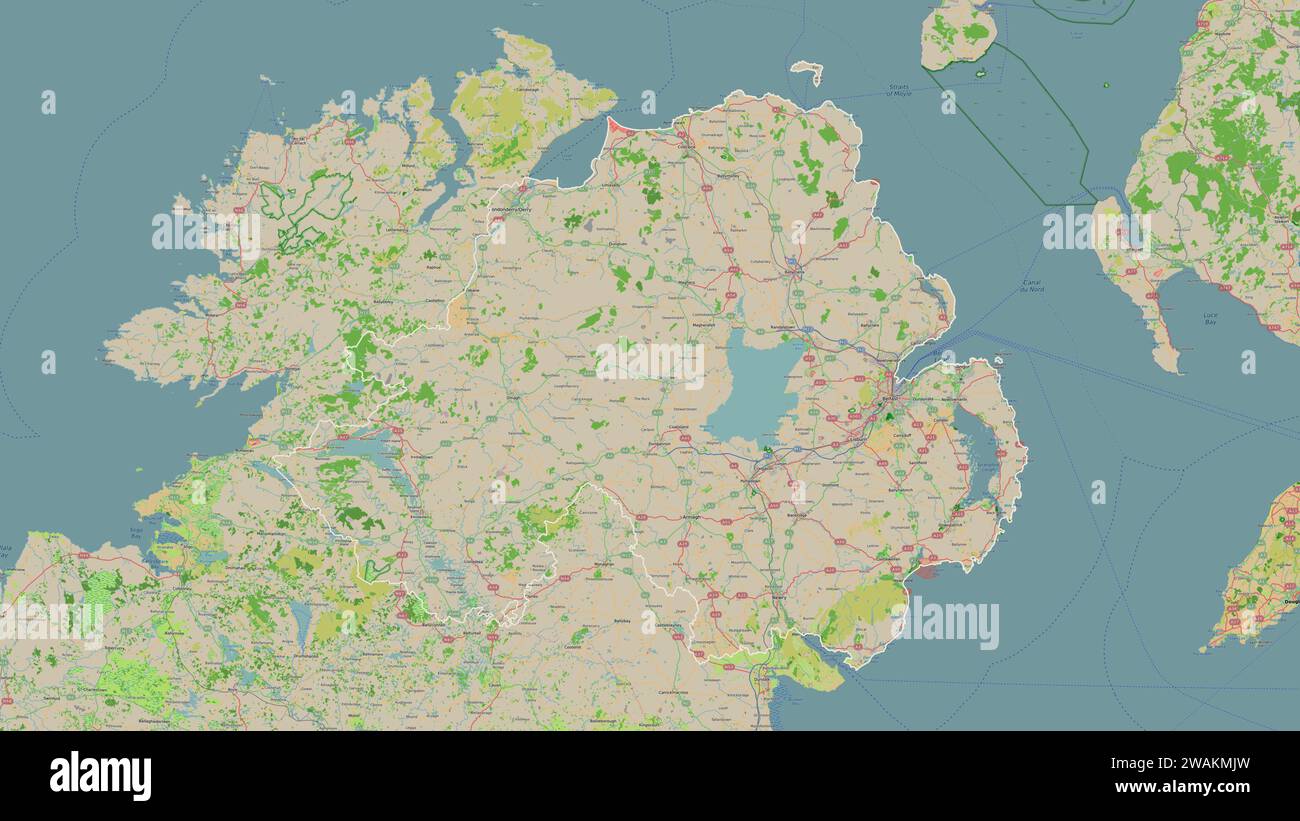 Northern Ireland outlined on a topographic, OSM France style map Stock Photo - Alamy