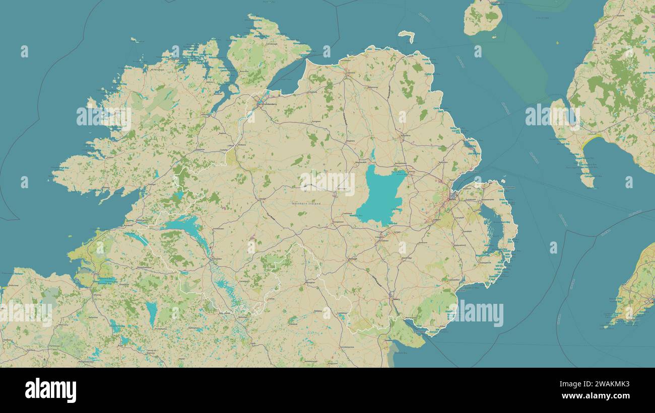 Northern Ireland outlined on a topographic, OSM Humanitarian style map ...