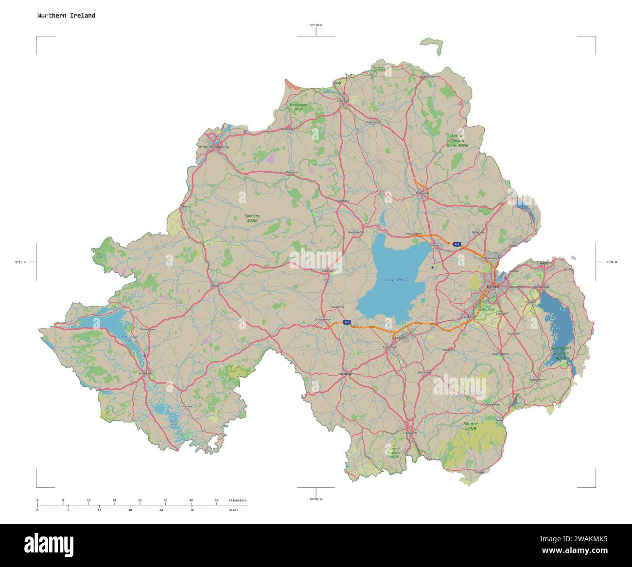 Shape of a topographic, OSM Germany style map of the Northern Ireland, with distance scale and ...