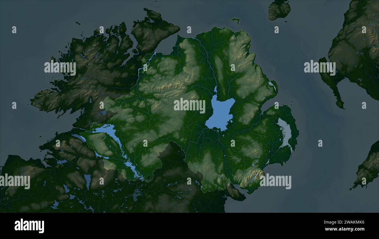 Northern Ireland highlighted on a Colored elevation map with lakes and ...