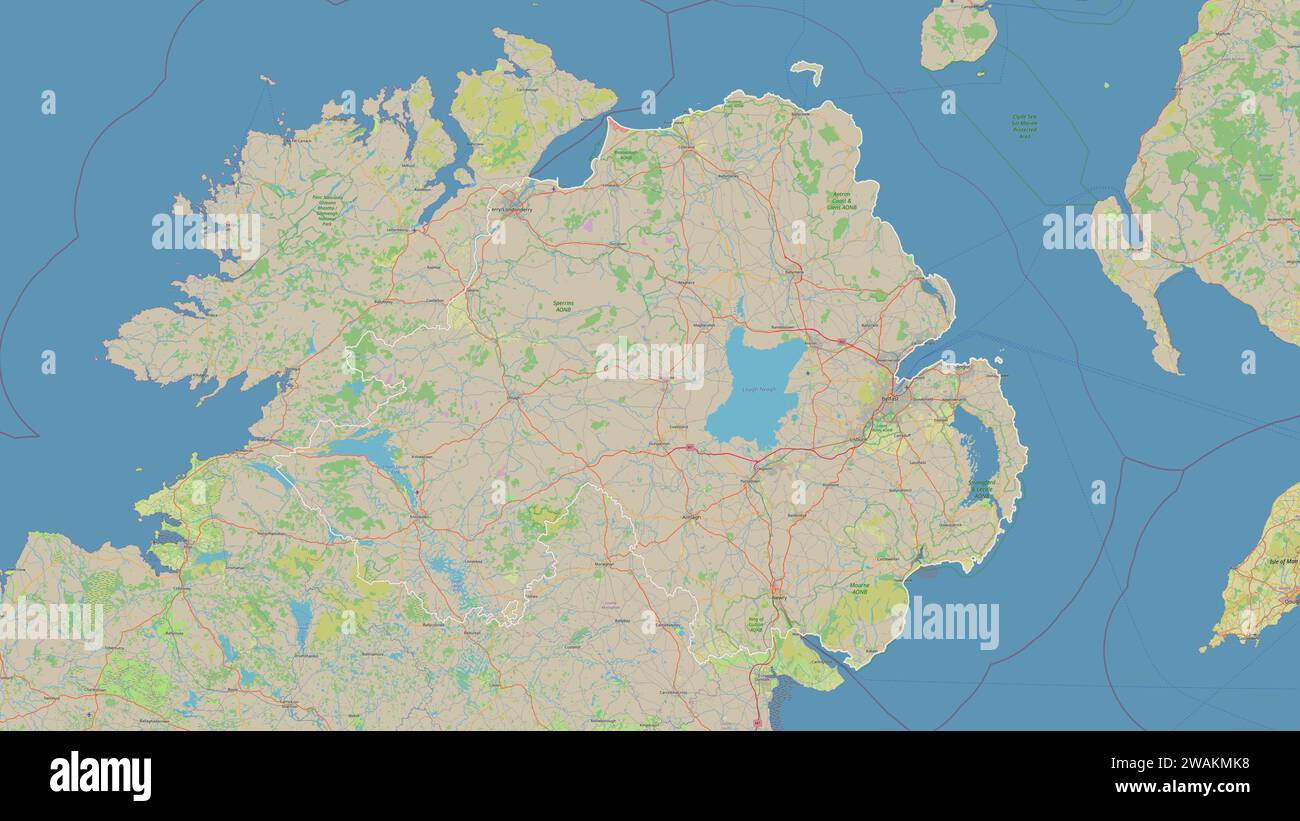 Northern Ireland outlined on a topographic, OSM standard style map Stock Photo - Alamy
