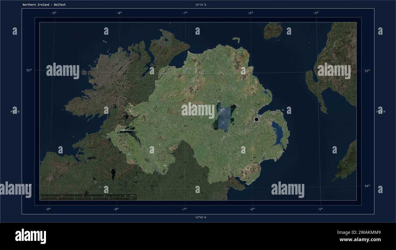 Northern Ireland highlighted on a low resolution satellite map map with ...