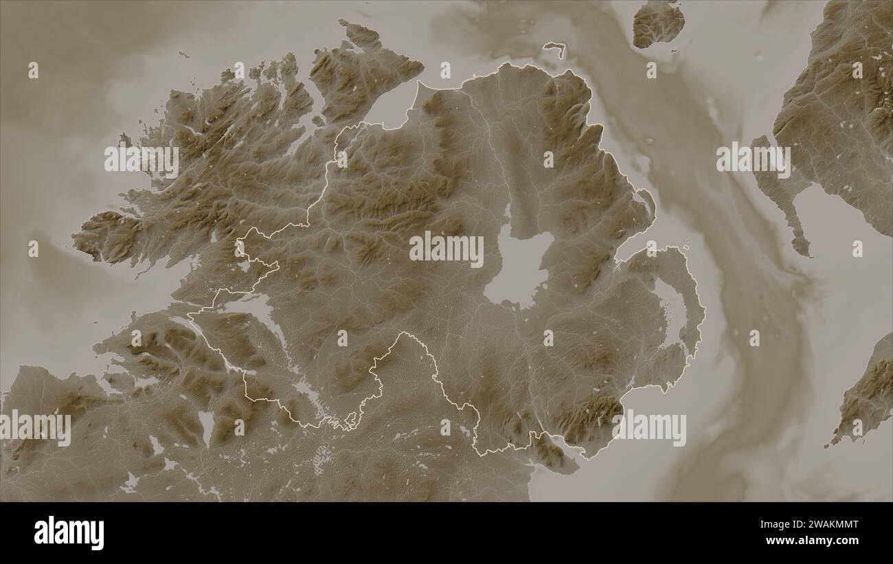 Northern Ireland outlined on a elevation map colored in sepia tones ...