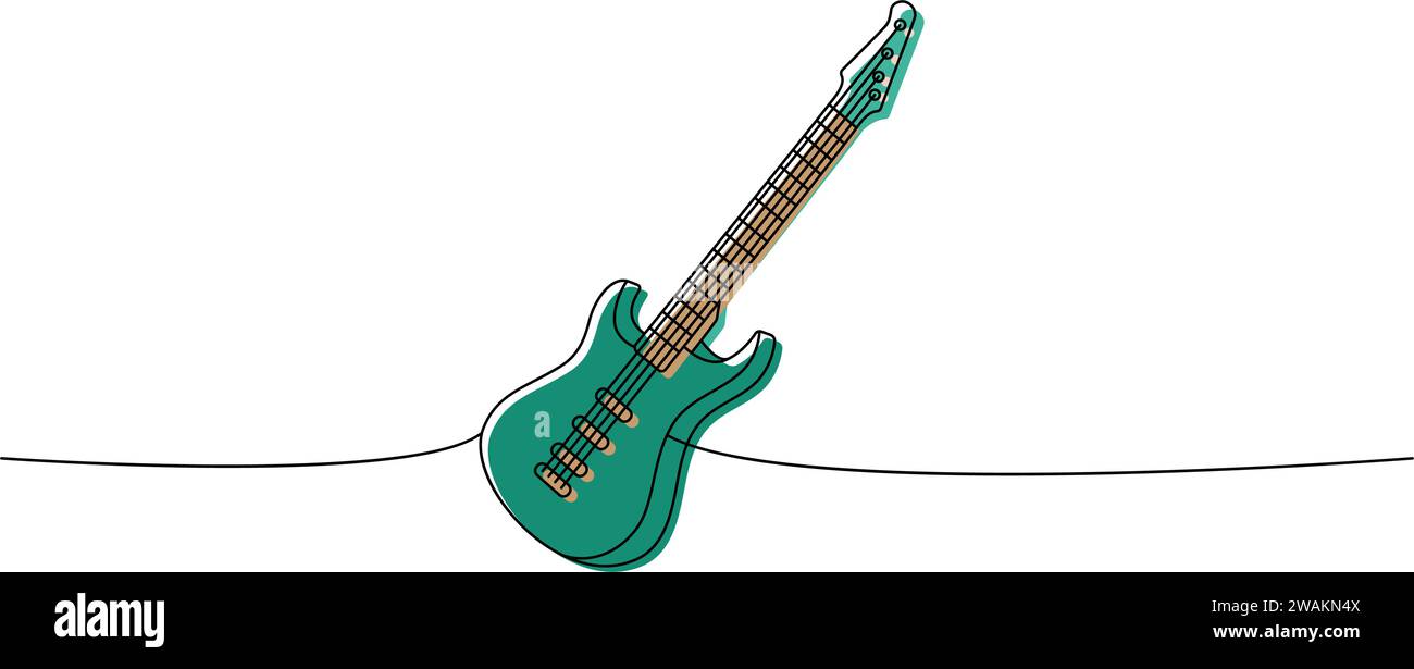 Electric bass guitar, string instrument one line colored continuous ...
