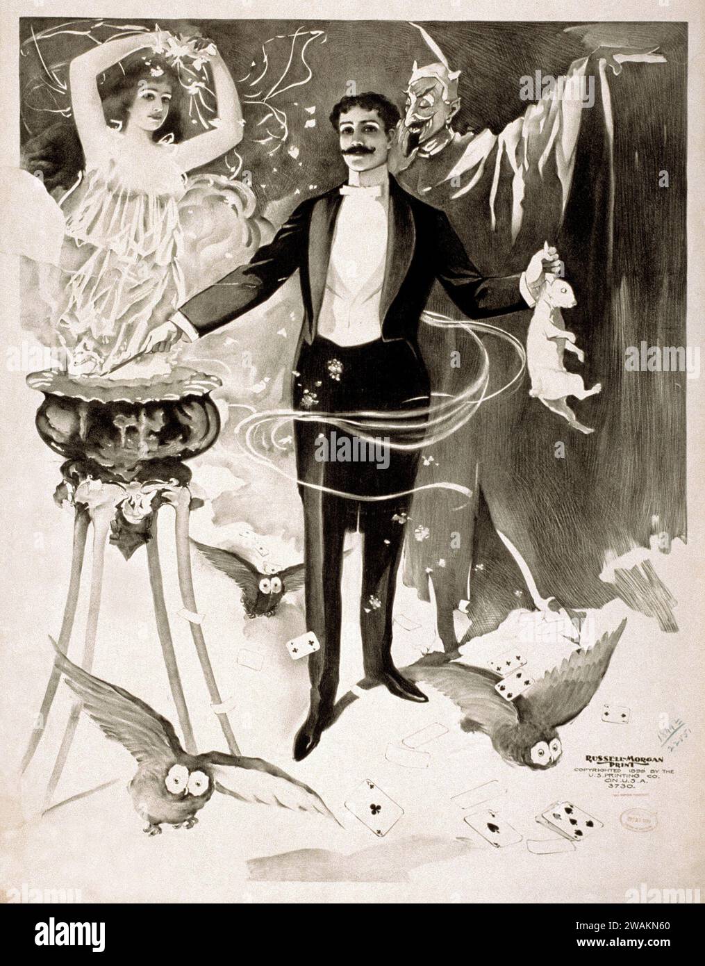 Magician holding rabbit and conjuring spirit surrounded by demon ...