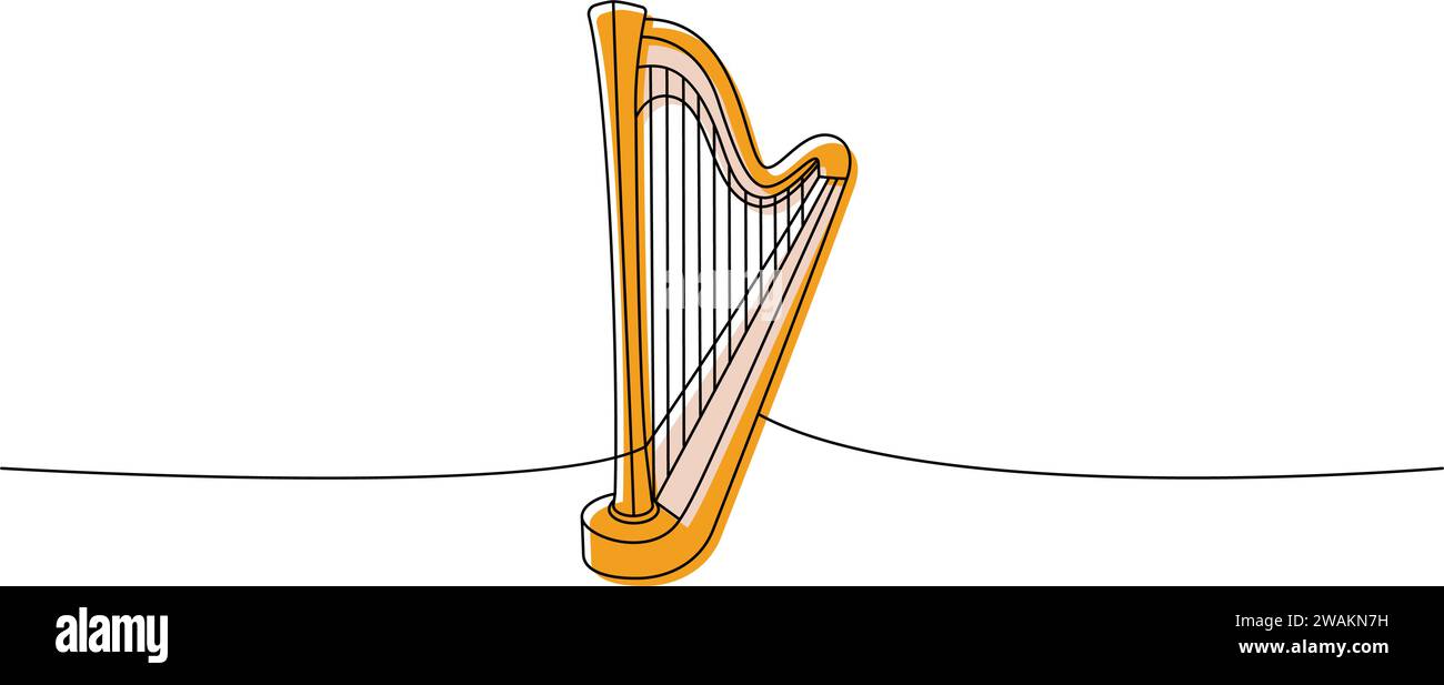 Lyre, wooden harp, string instrument one line colored continuous ...
