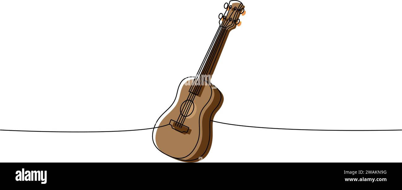 Acoustic guitar, string instrument one line colored continuous drawing ...