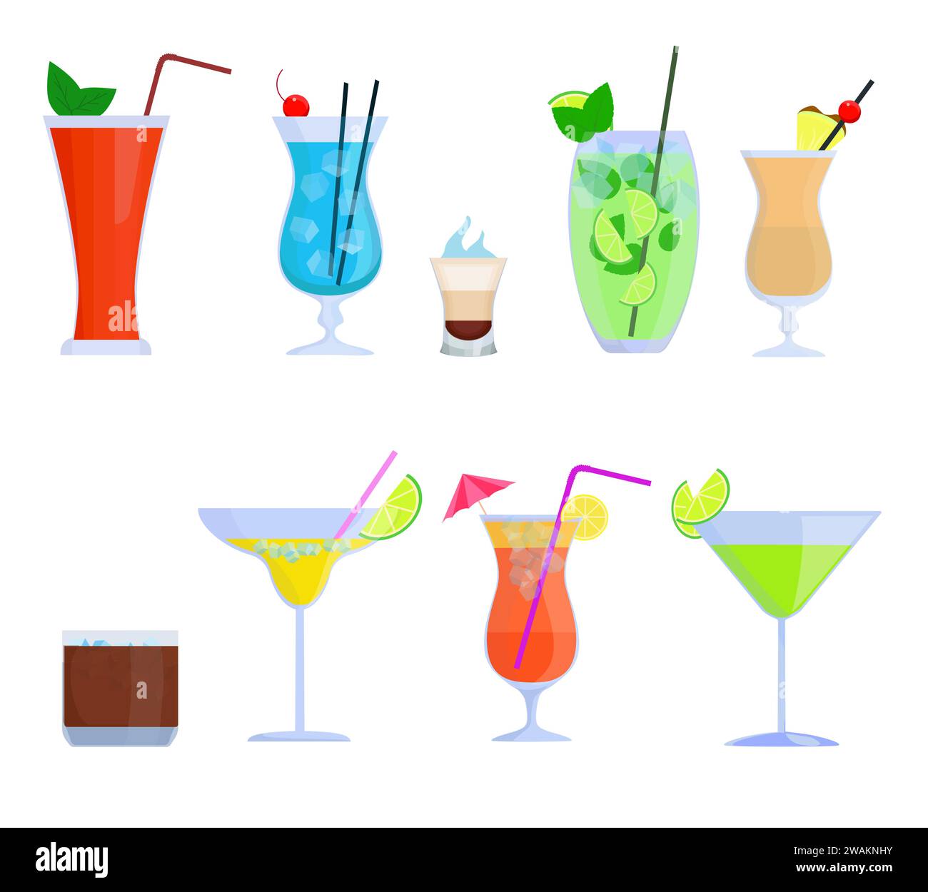 Tropical cocktails, juice, drink glass set isolated on white background ...