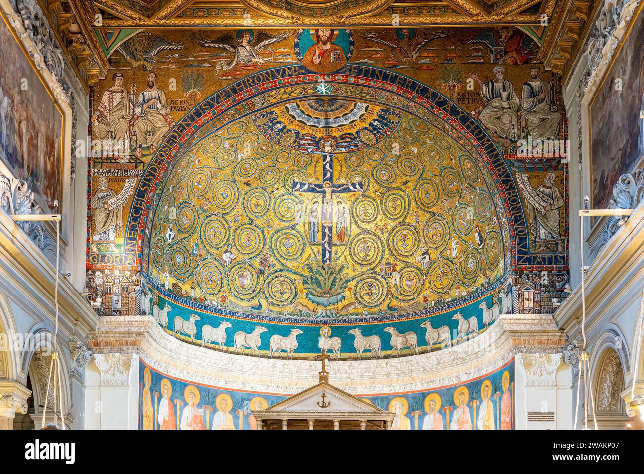 Golden mosaic decorating the dome ceiling of Saint Clemens Basilica in ...