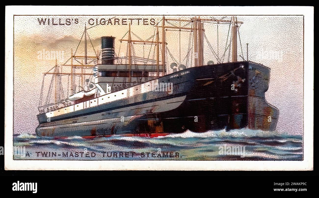 Twin Masted Turret Steamer - Vintage Cigarette Card Illustration Stock ...