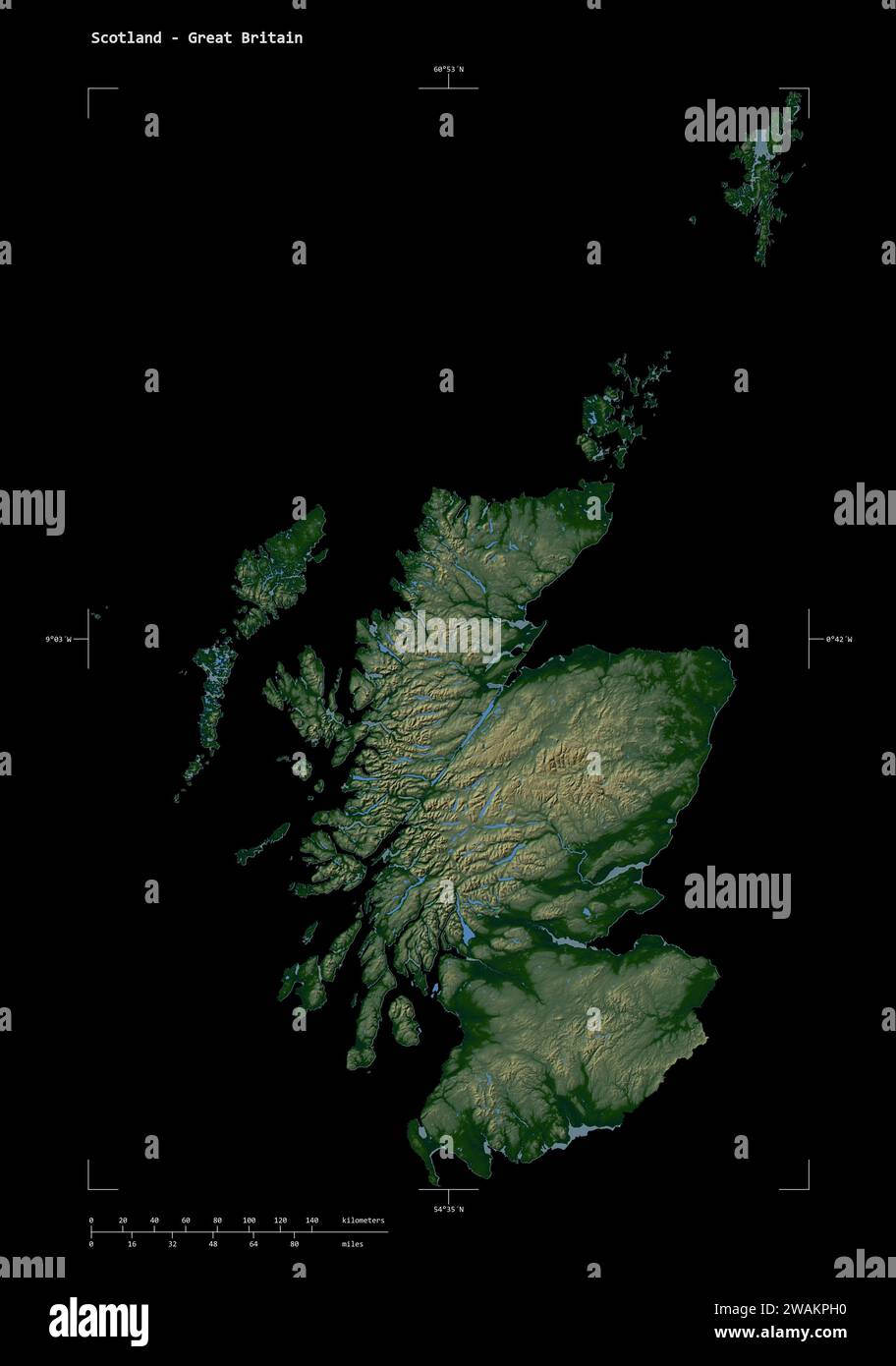 Shape of a Colored elevation map with lakes and rivers of the Scotland ...